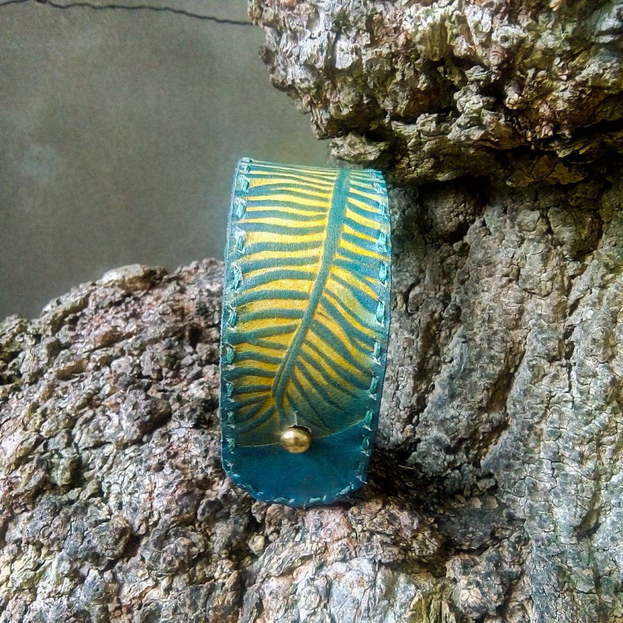 Green-yellow Unique Leather Handmade Bracelet With Feather,hand Painted ...