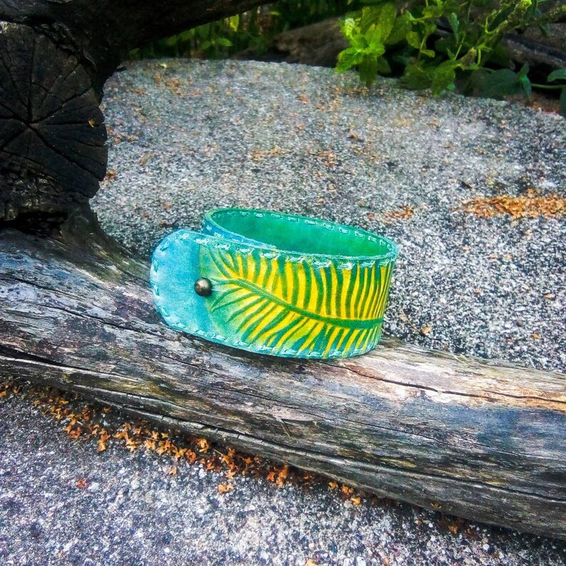 Green-yellow Unique Leather Handmade Bracelet With Feather,hand Painted ...