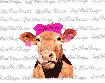 Watercolor Cow Pink Flowers PNG, Original Art, Instant Download ...