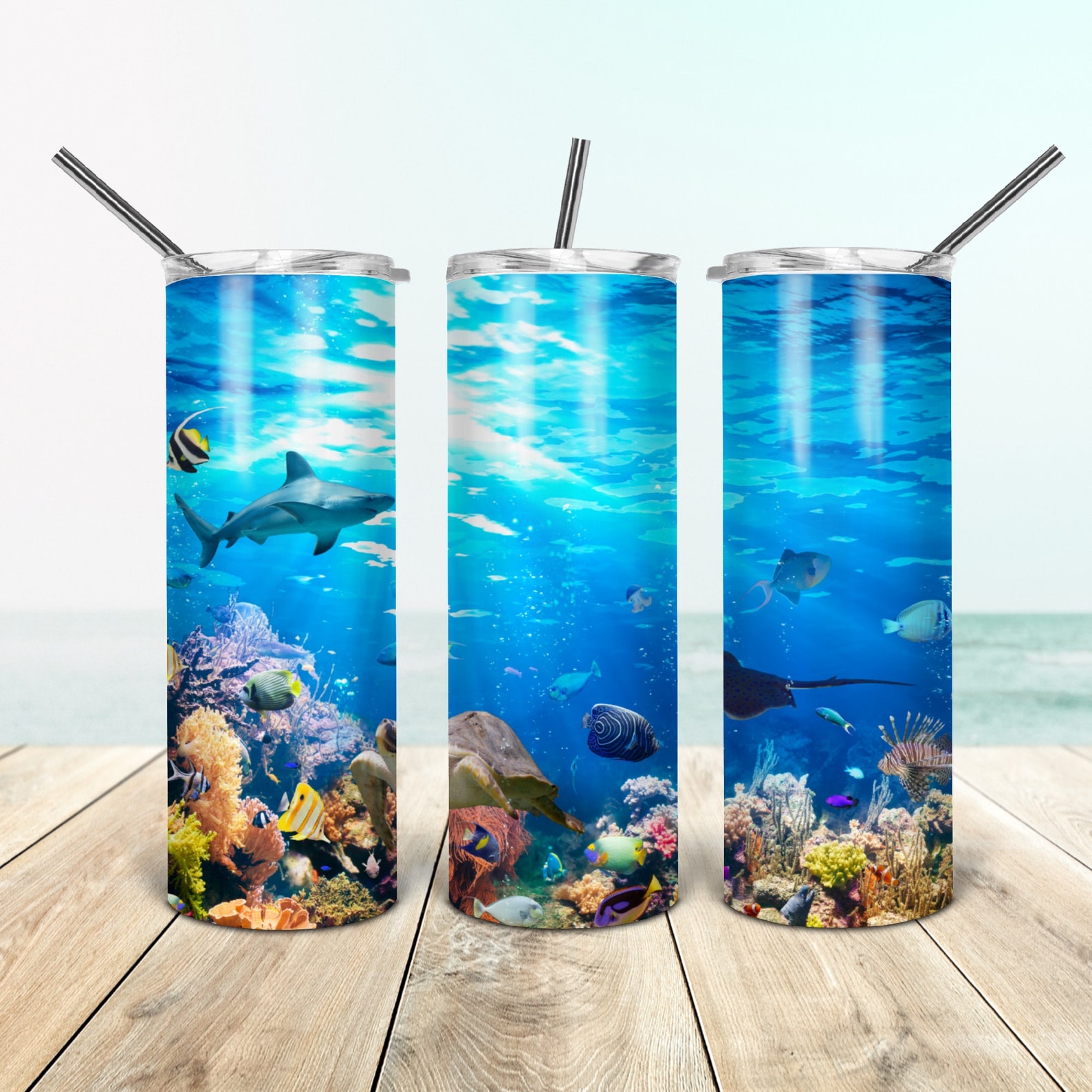 20 Oz Skinny Tumbler Undersea Water Wrap Tapered Straight | Etsy