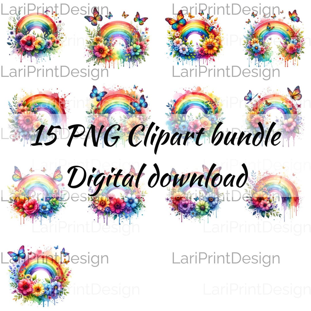 13 Png Clipart Bundle Watercolor Rainbow and Floral Clipart Design for ...