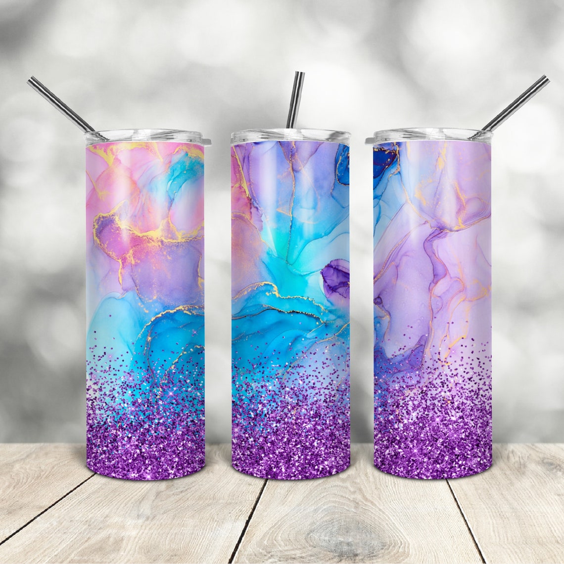 20 Oz Skinny Tumbler Alcohol Ink Glitter Wrap Tapered Straight - Etsy