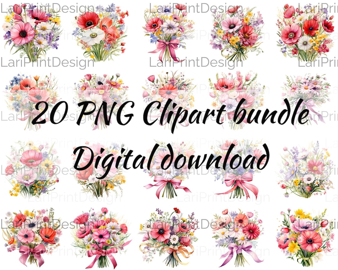 20 Png Clipart Bundle Vibrant Floral Bouquet Clipart for Instant ...