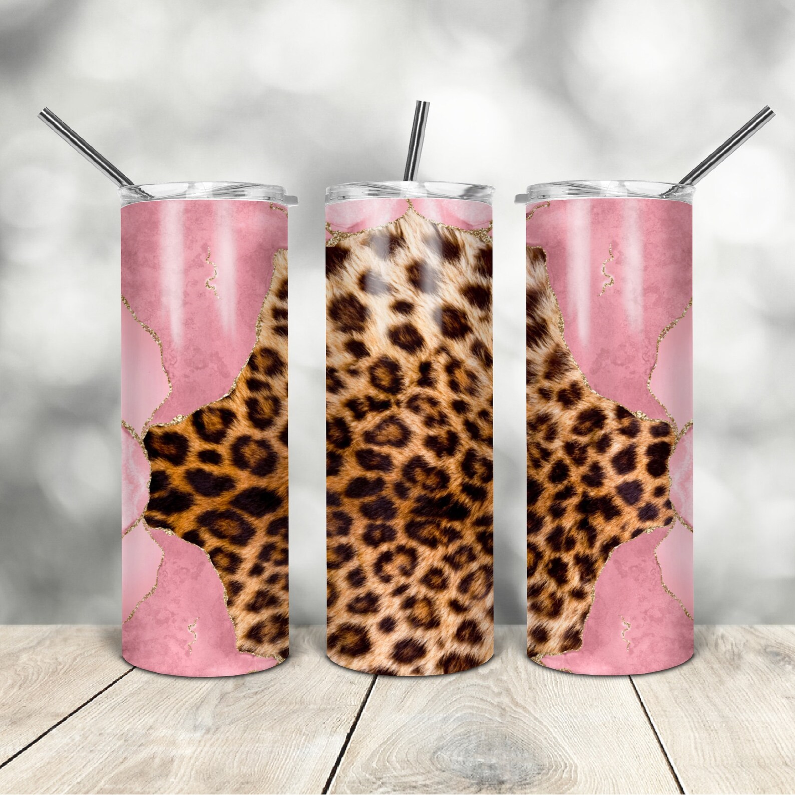 20 Oz Skinny Tumbler Pink Agate Leopard Wrap Tapered Straight - Etsy