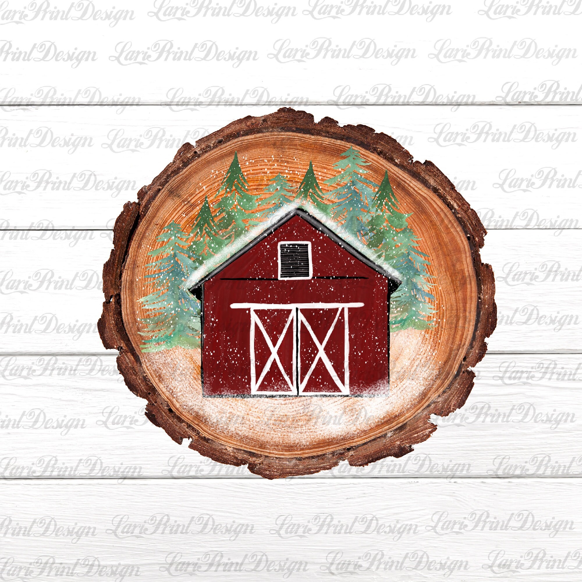 Wood slice red barn sublimation design digital download | Etsy