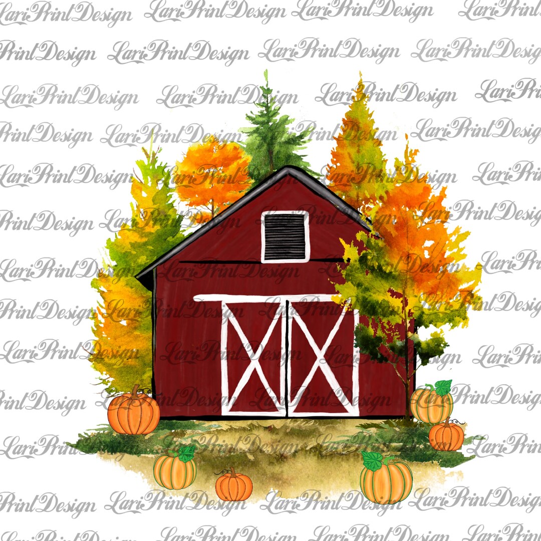 Fall Scene Red Barn With Pumpkins Clipart, Instant Download ...