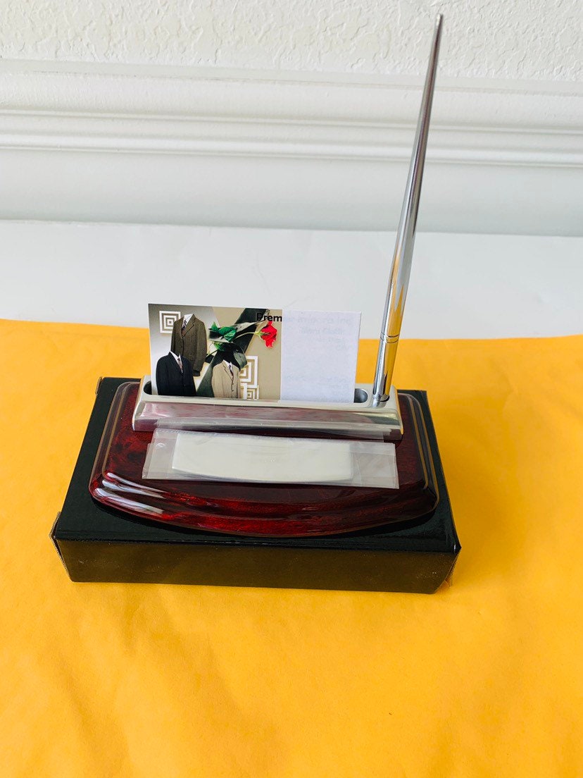 Mahogany Wood Business Card Pen Holder: Engravable Stainless Steel Desk ...