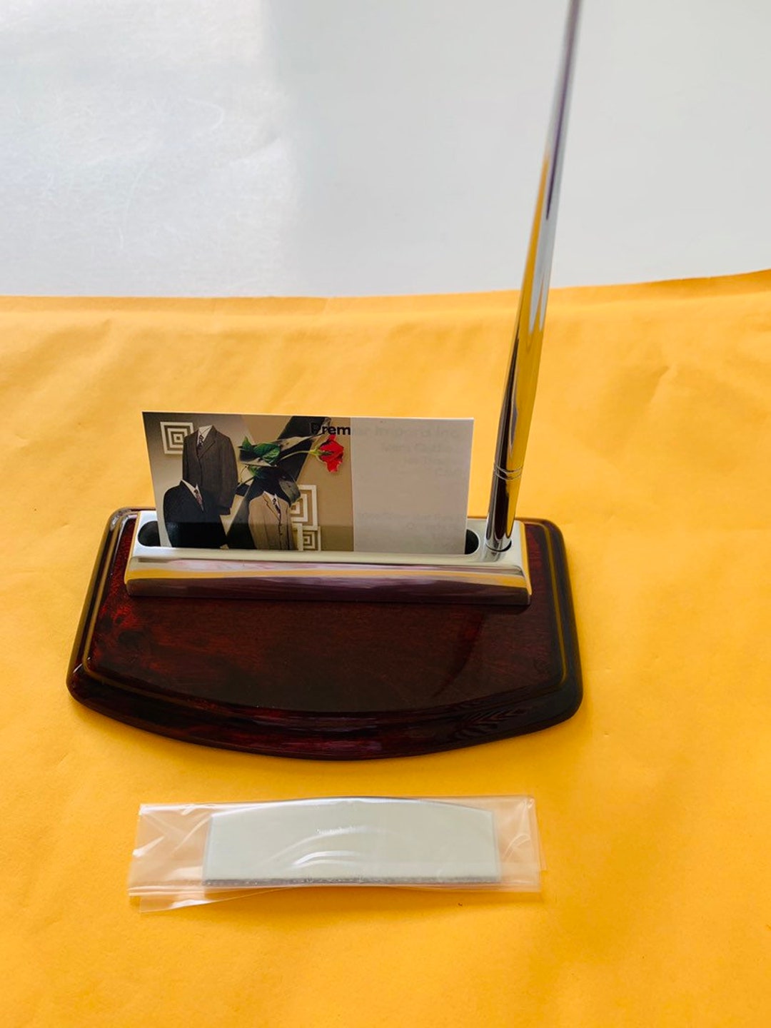 Mahogany Wood Business Card Pen Holder: Engravable Stainless Steel Desk ...