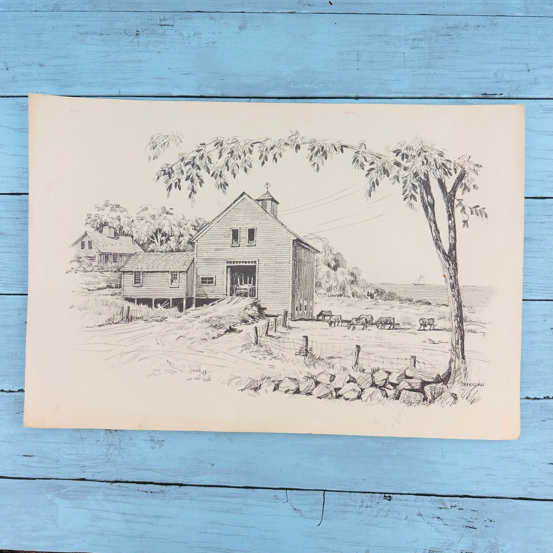Vintage 1950'2 Jay Killian Prints Farm Scene Chickens Barn Quilts ...