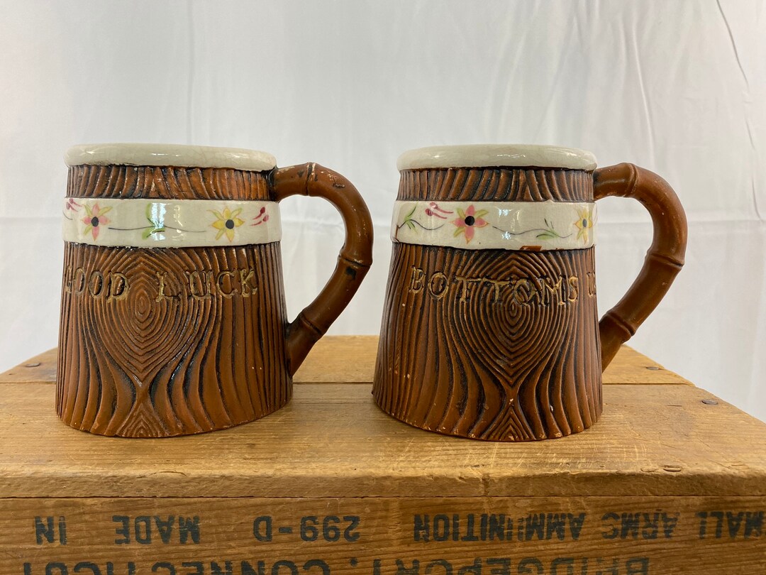 Vintage Tree Bark Mugs: Good Luck & Bottom's up - Set of 2 - Etsy