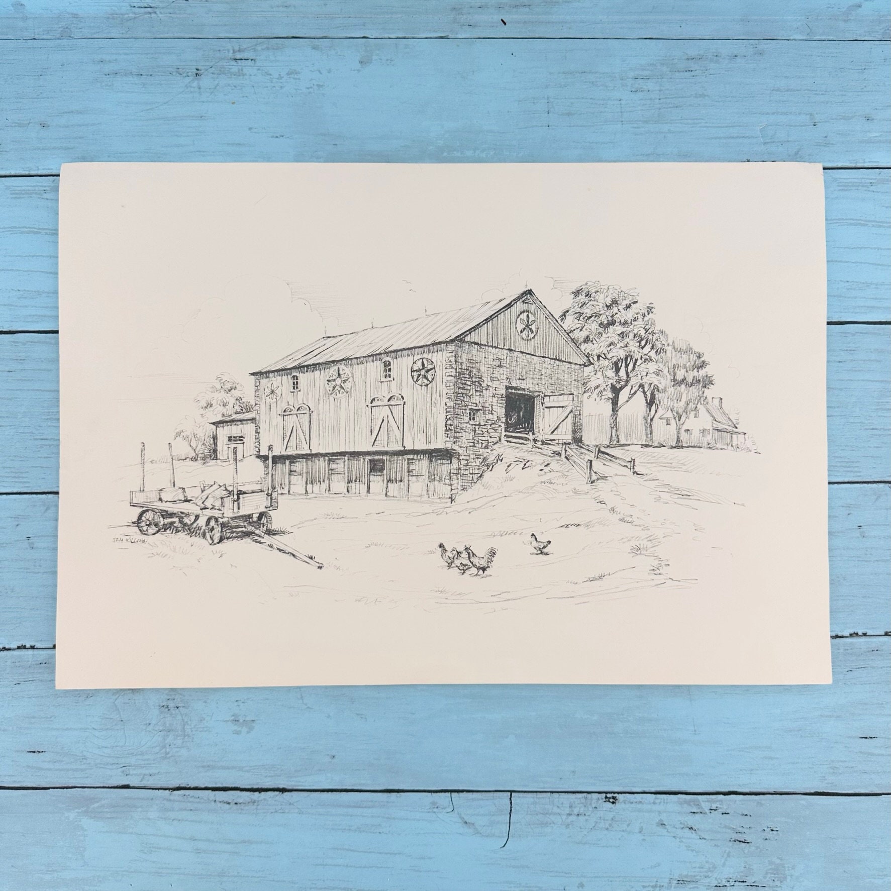 Vintage 1950'2 Jay Killian Prints Farm Scene Chickens Barn Quilts ...