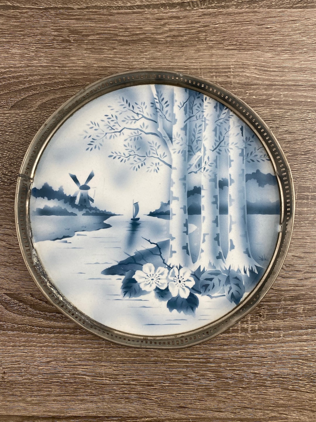 Vintage Dutch Tile Round Tray Windmill and Sailboat Delft 3415 Holland ...