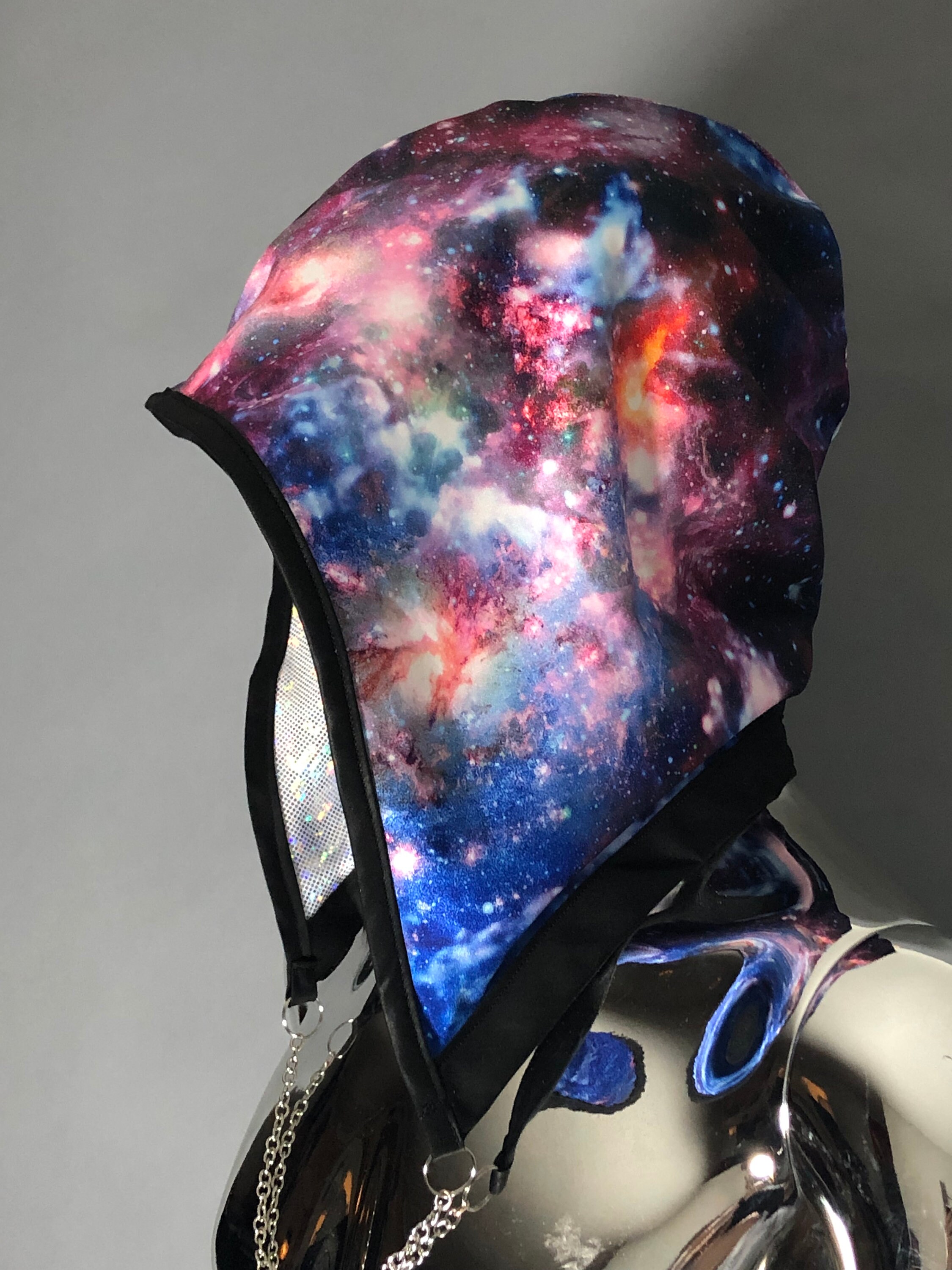 Festival Rave Hood in Space Print Spandex With Holo Shattered Glass ...