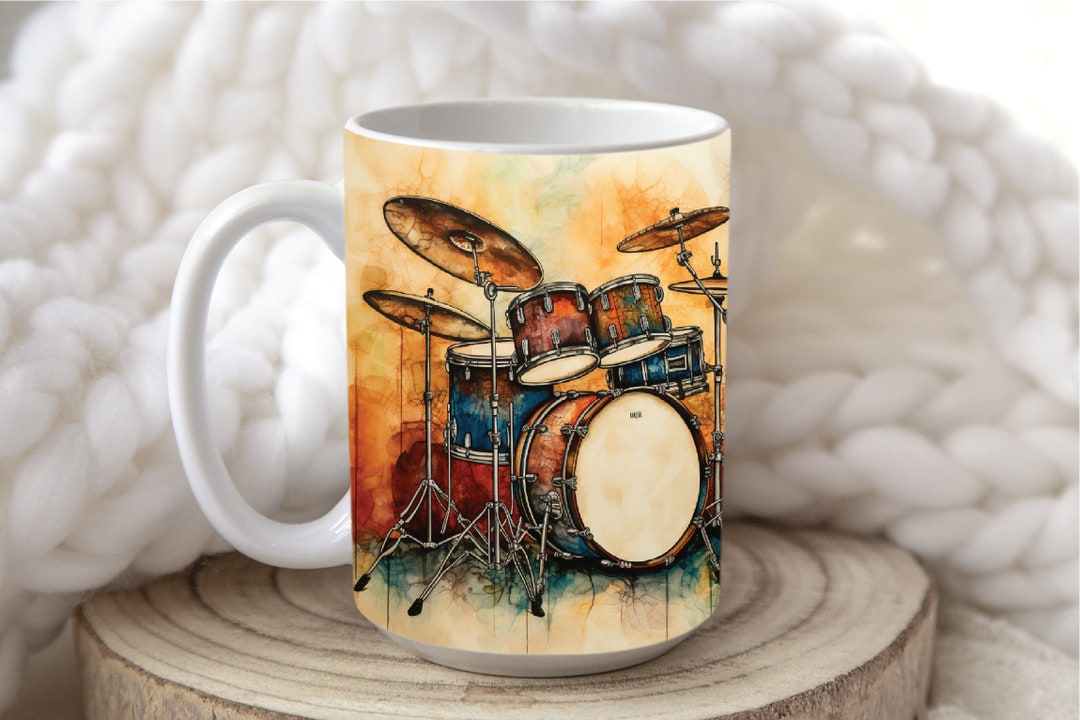 Watercolor Drum Set 15 Oz. Coffee Mug, Drum Set Mug, Watercolor Coffee ...