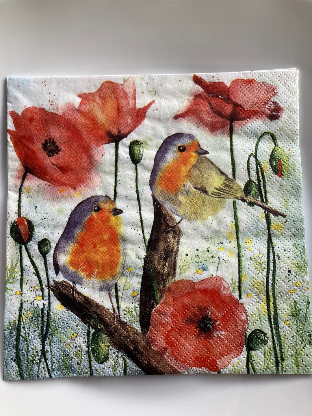FREE SHIP - Decorative Tissue Luncheon Napkin "poppies and Robins" - Etsy
