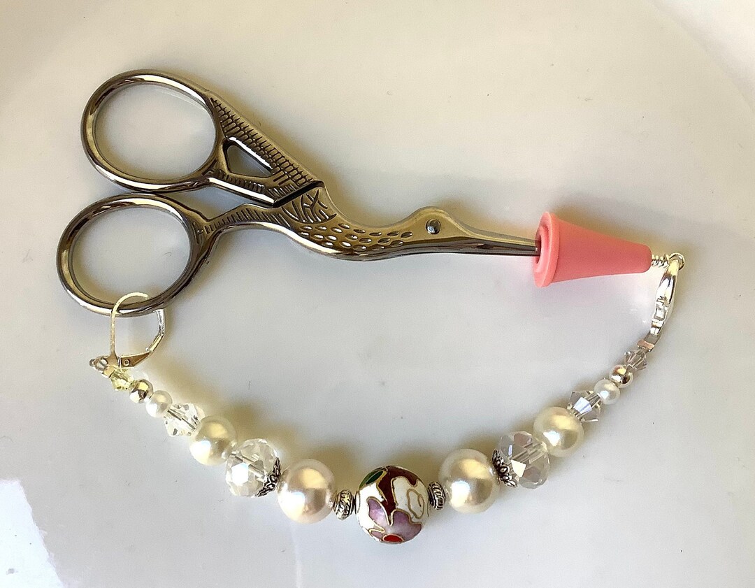 White Scissor Fob, Cloisonne Scissor Keeper, Scissor Tip Minder, Stork ...