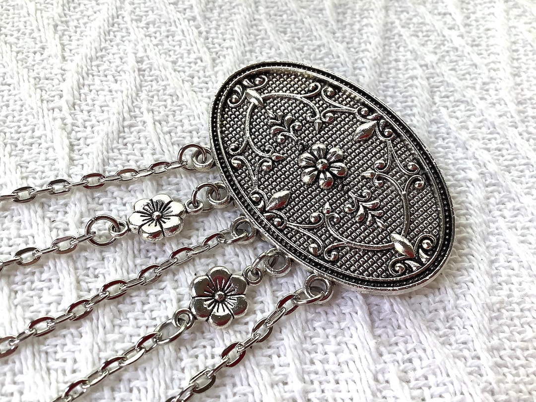 Vintage Style Chatelaine, Oval Flower Chatelaine, Silver Sewing Tool ...