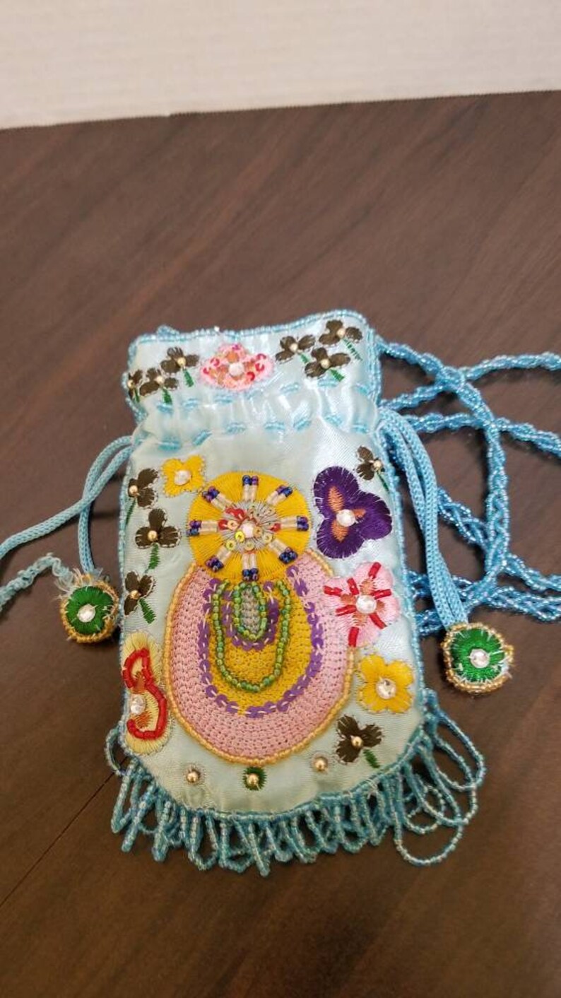Adorable Light Sky Blue Draw String Beaded Bag Repair Project Challenge ...