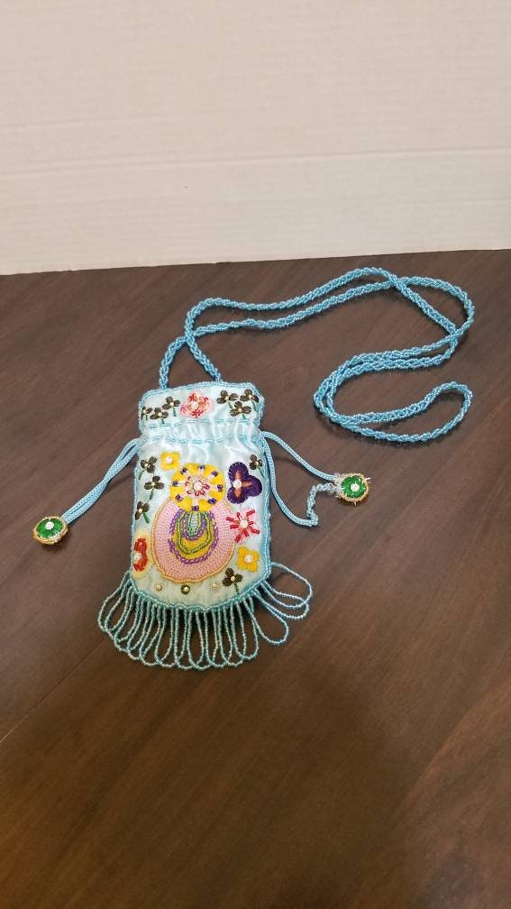 Adorable Light Sky Blue Draw String Beaded Bag Repair Project Challenge ...