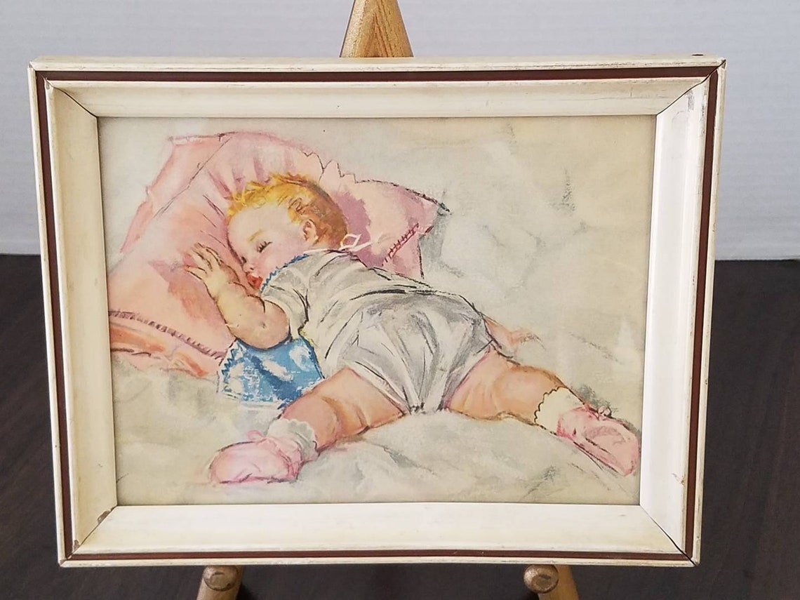 Beautiful Details Colorful Vintage Print Sleeping Baby on a Pillow ...