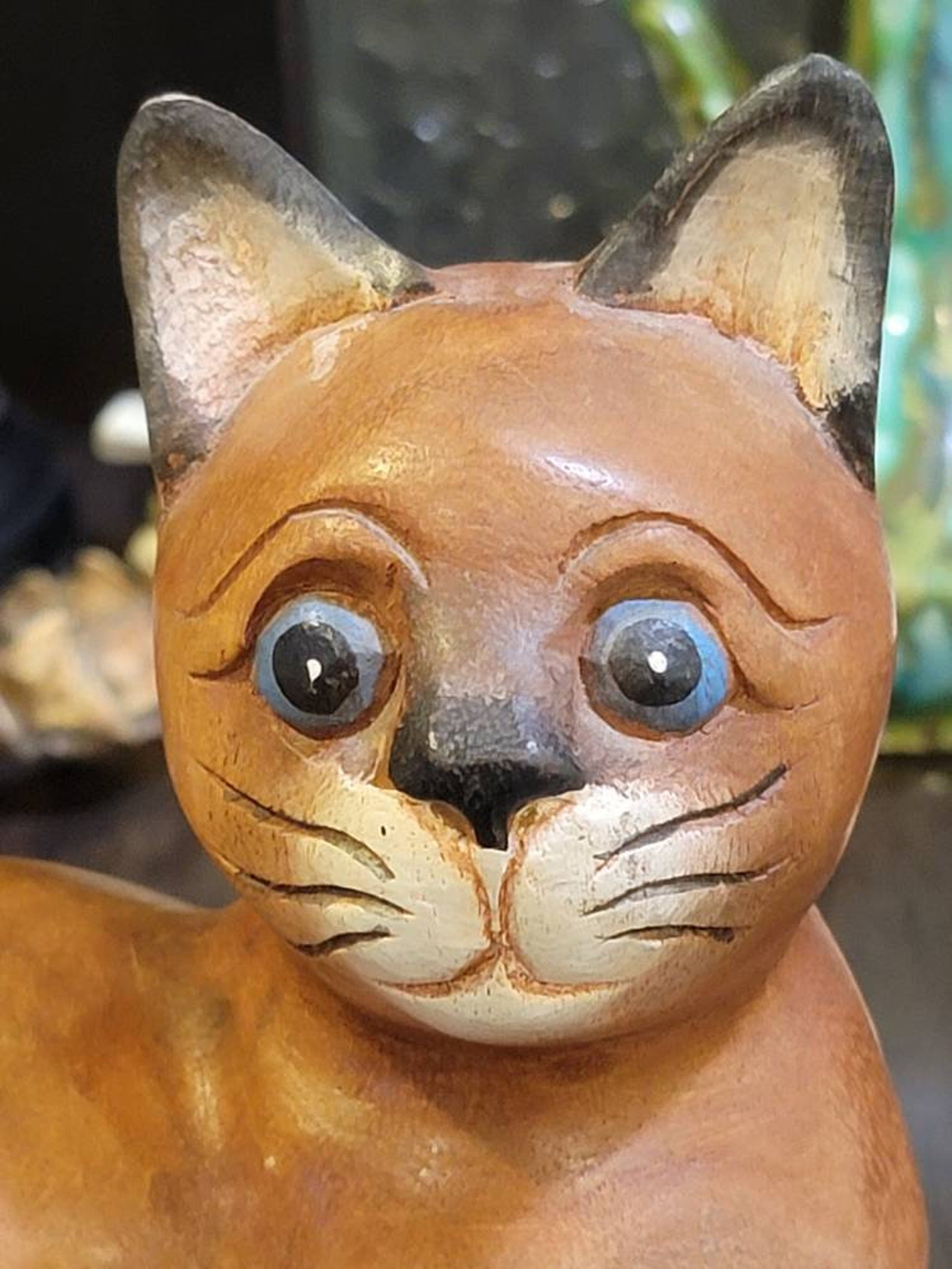 Vintage Carved Wooden Cat Kitten Handpainted Sculpture Blue | Etsy