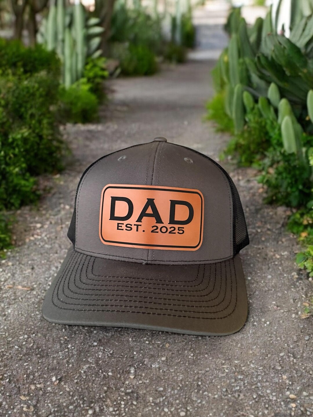 Dad Est Hat, Dad Est 2025 Leather Patch Trucker Hat, Personalized Dad ...