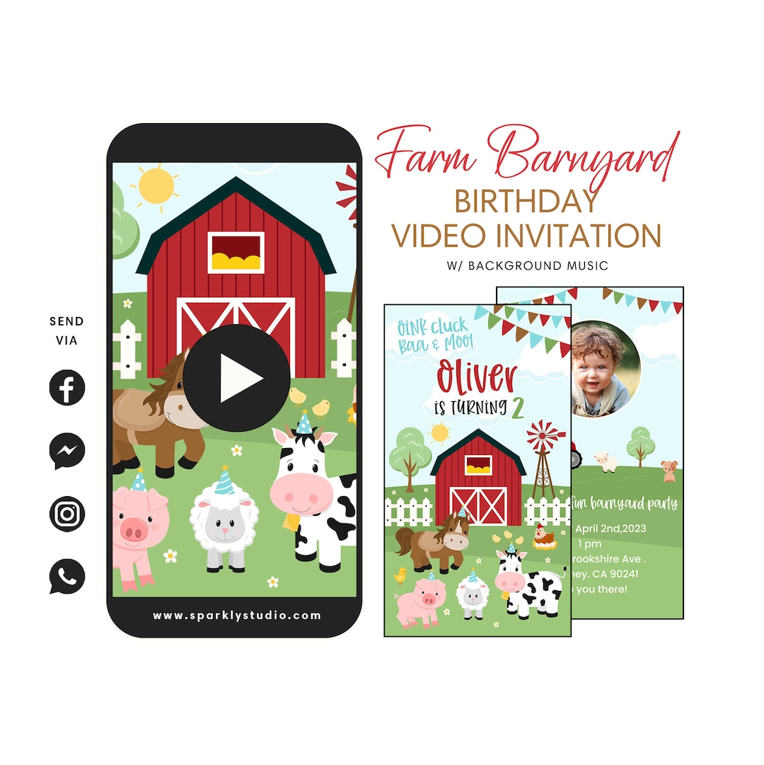 Farm Barnyard Animals Birthday Video Invitation, Farm Animal Red Barn ...