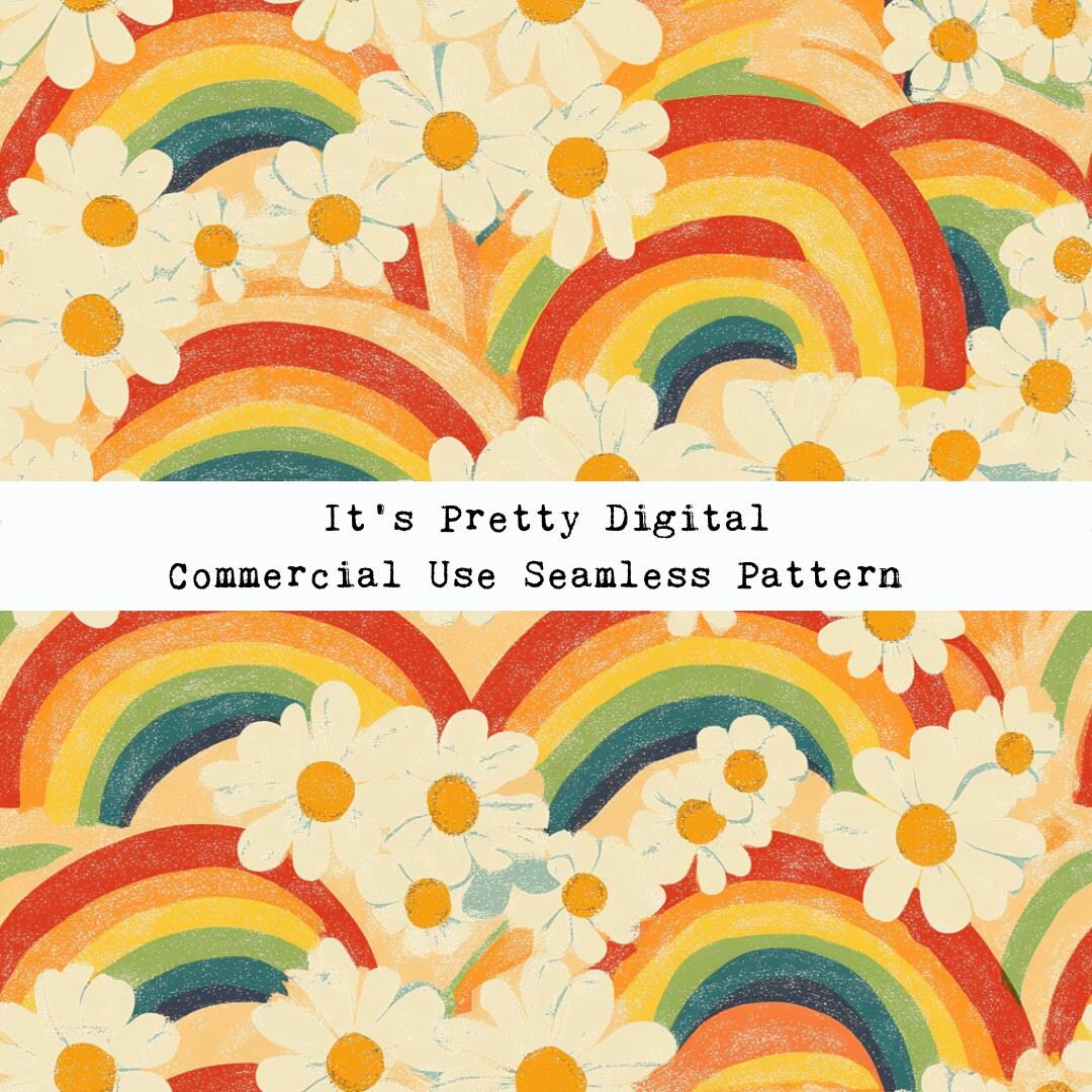 Boho Rainbows Daisies Bohemian Retro Seamless Repeat Pattern Design ...