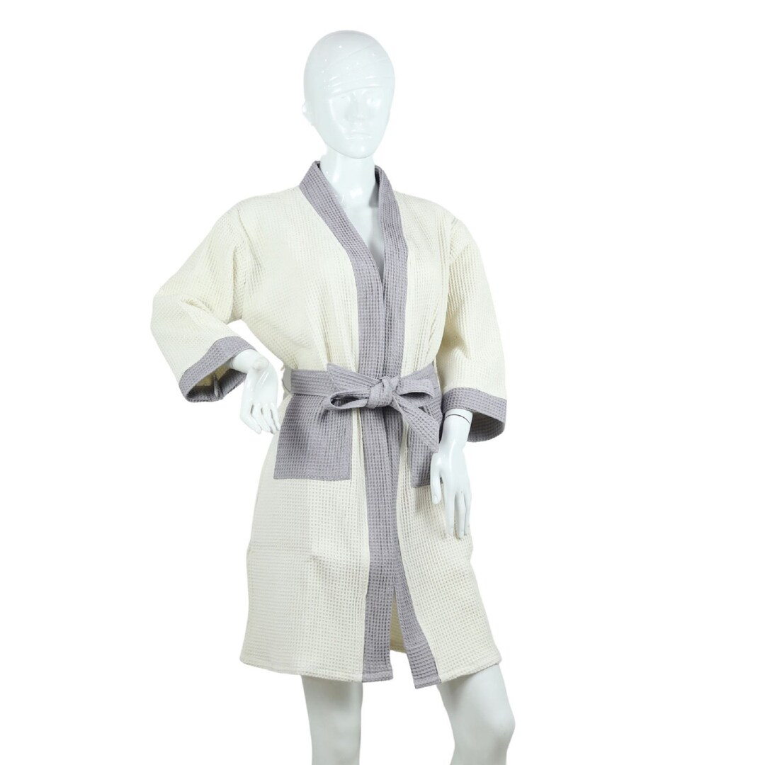 Organic Waffle Bathrobe, Cotton Dressing Gown, Kimono With Pockets ...