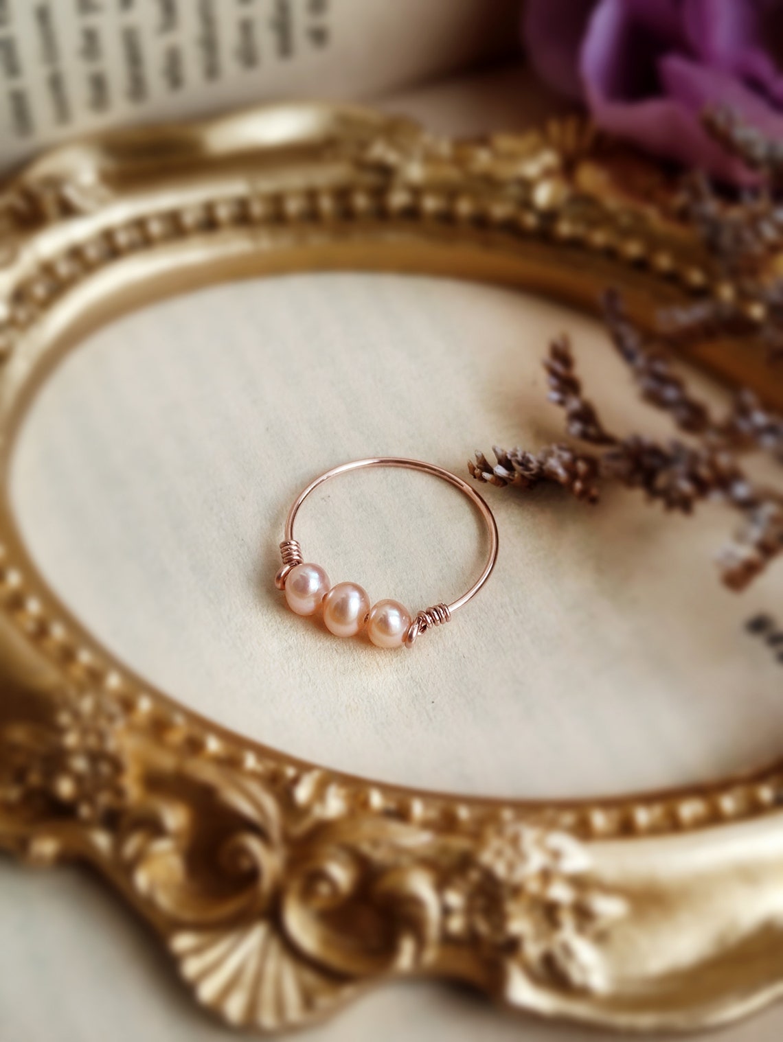 Triple Rose Gold Pearl Ring, 14K Gold Filled - Sterling Silver Three ...