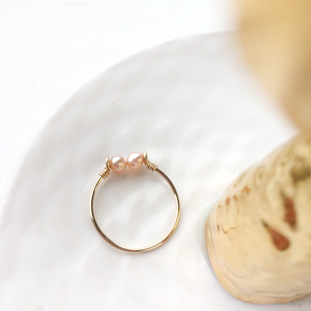 Double Rose Gold Pearl Ring, 14K Gold Filled - Sterling Silver Two Pink ...