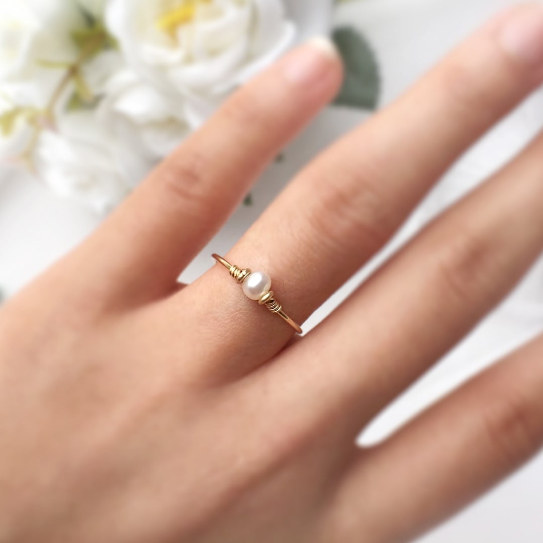 Tiny Pearl Ring, 14K Gold Filled, Rose Gold Filled, Sterling Silver White Pearl Ring, Dainty ...