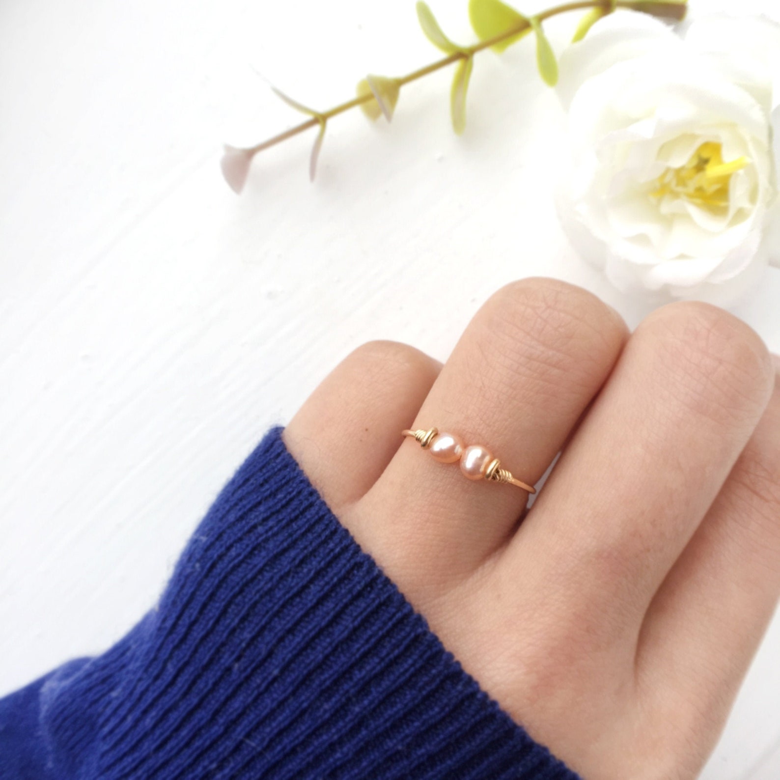 Double Rose Gold Pearl Ring 14K Gold Filled Sterling Silver | Etsy