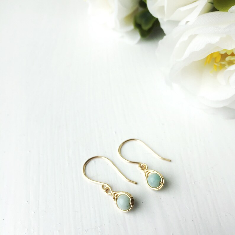 Amazonite Drop Earrings, 14K Gold - Rose Gold Filled - Sterling Silver, Simple Dangle Mint Green ...