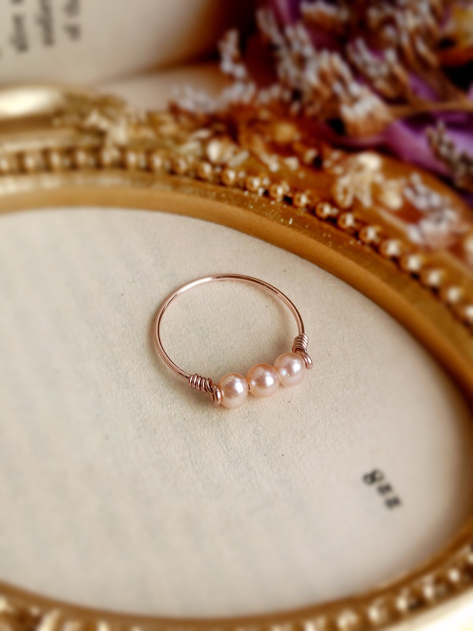 Triple Rose Gold Pearl Ring, 14K Gold Filled - Sterling Silver Three ...