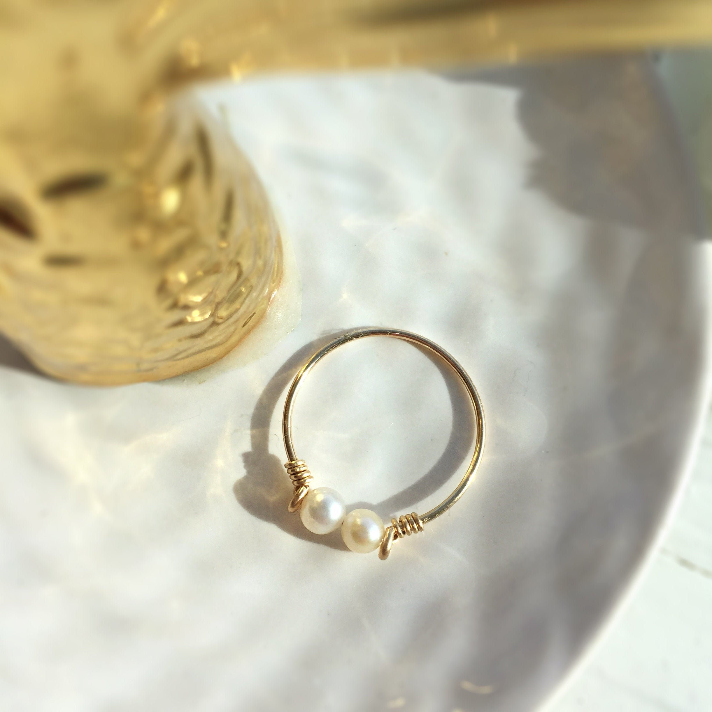Double Pearl Ring, Two Pearl Ring, 14K Gold Filled - Sterling Silver ...