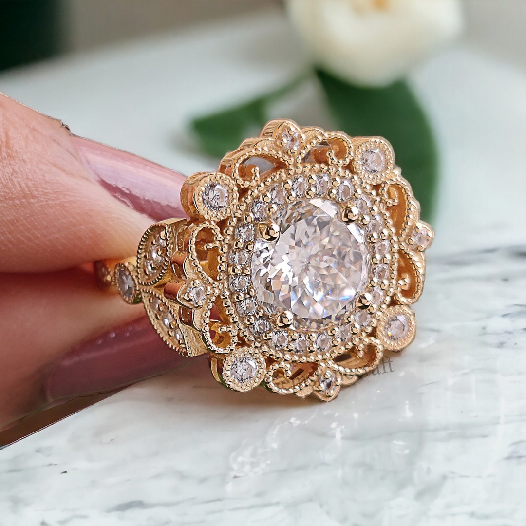 Vintage Filigree Engagement Ring Handmade Portuguese Cut Moissanite With Halo Design Perfect for ...