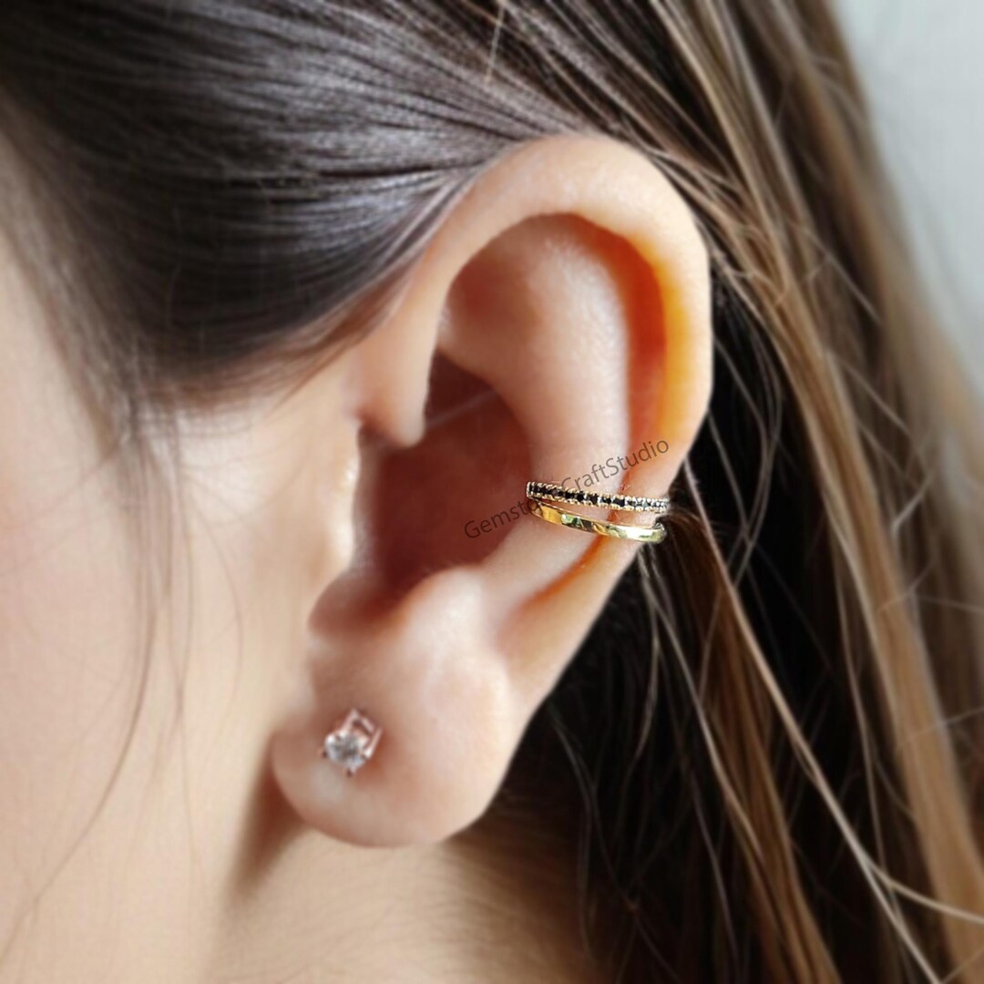 Round Brilliant Cut Black Color Diamond Ear Cuff Double Band Ear Cuff ...