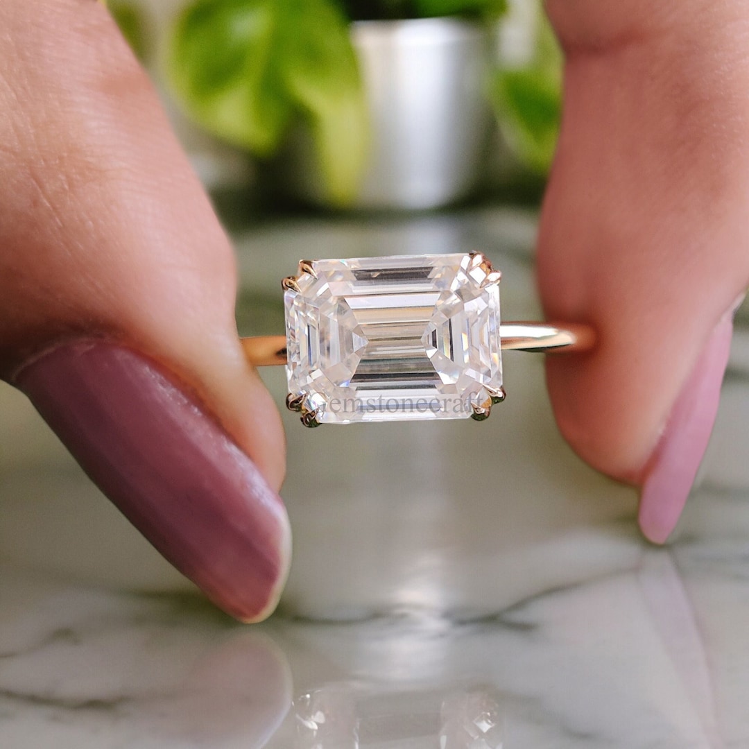 East to West Setting Ring Emerald Shape Engagement Ring Thin Band ...