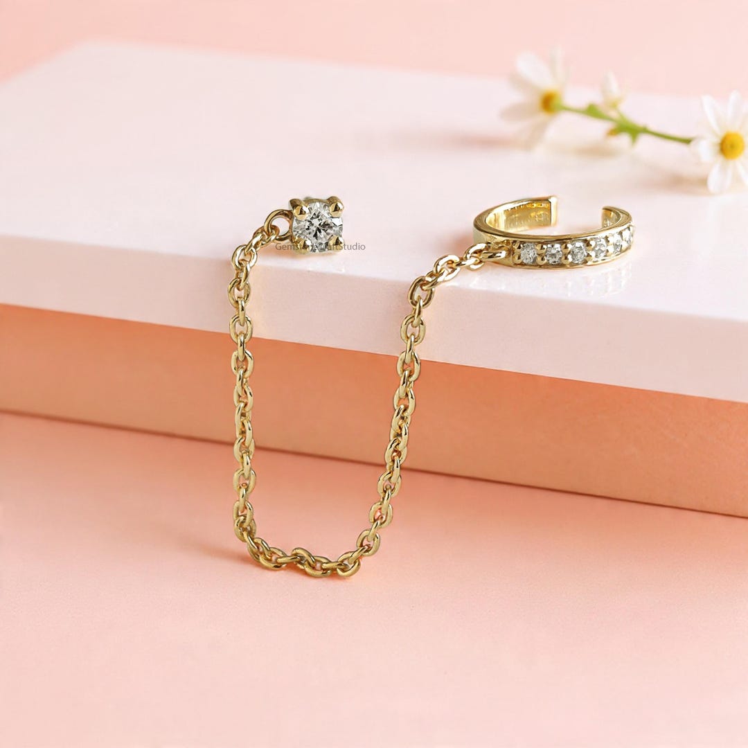 Pavé Ear Cuff 1 Piece Chain Earrings With Round Diamond Stud ...