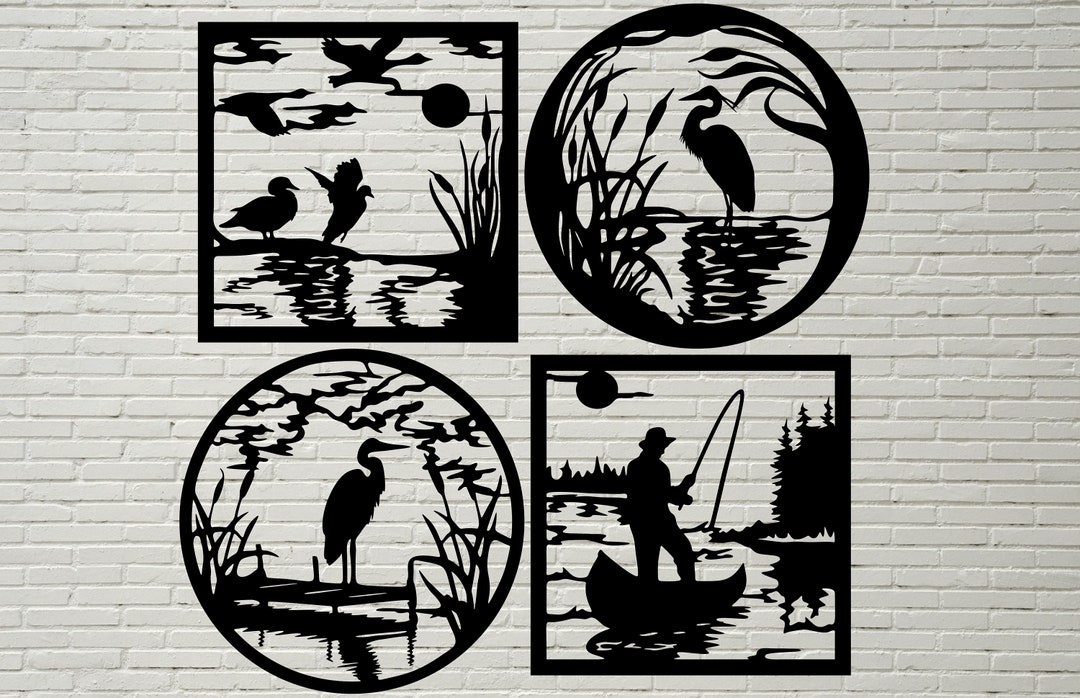 River Scene SVG, Lake Dxf Stencil, Fisherman Dxf for Plasma, Cut Laser ...