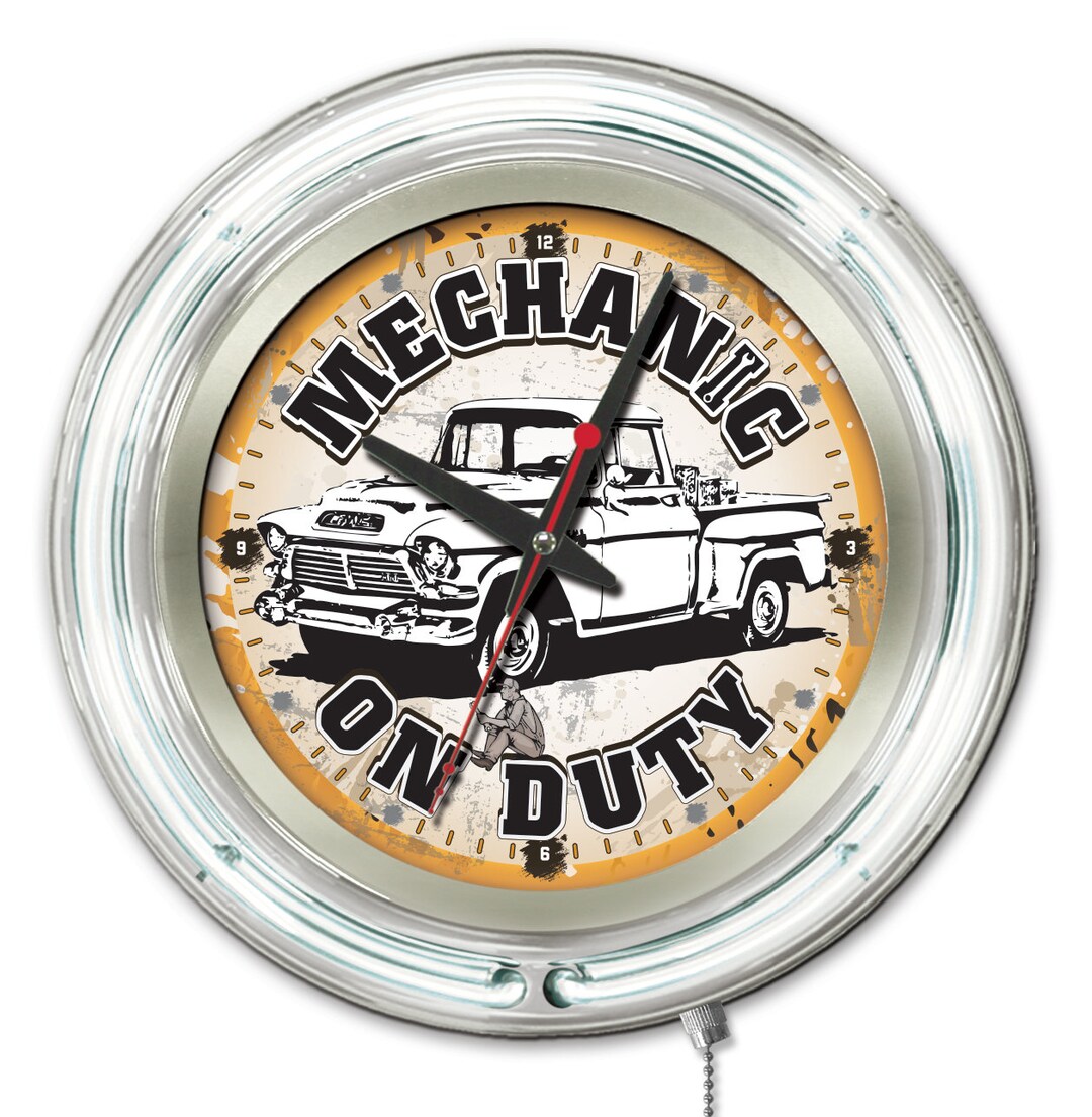 Mechanic on Duty Neon Clock | Fun Garage 15" Double-neon Light ...