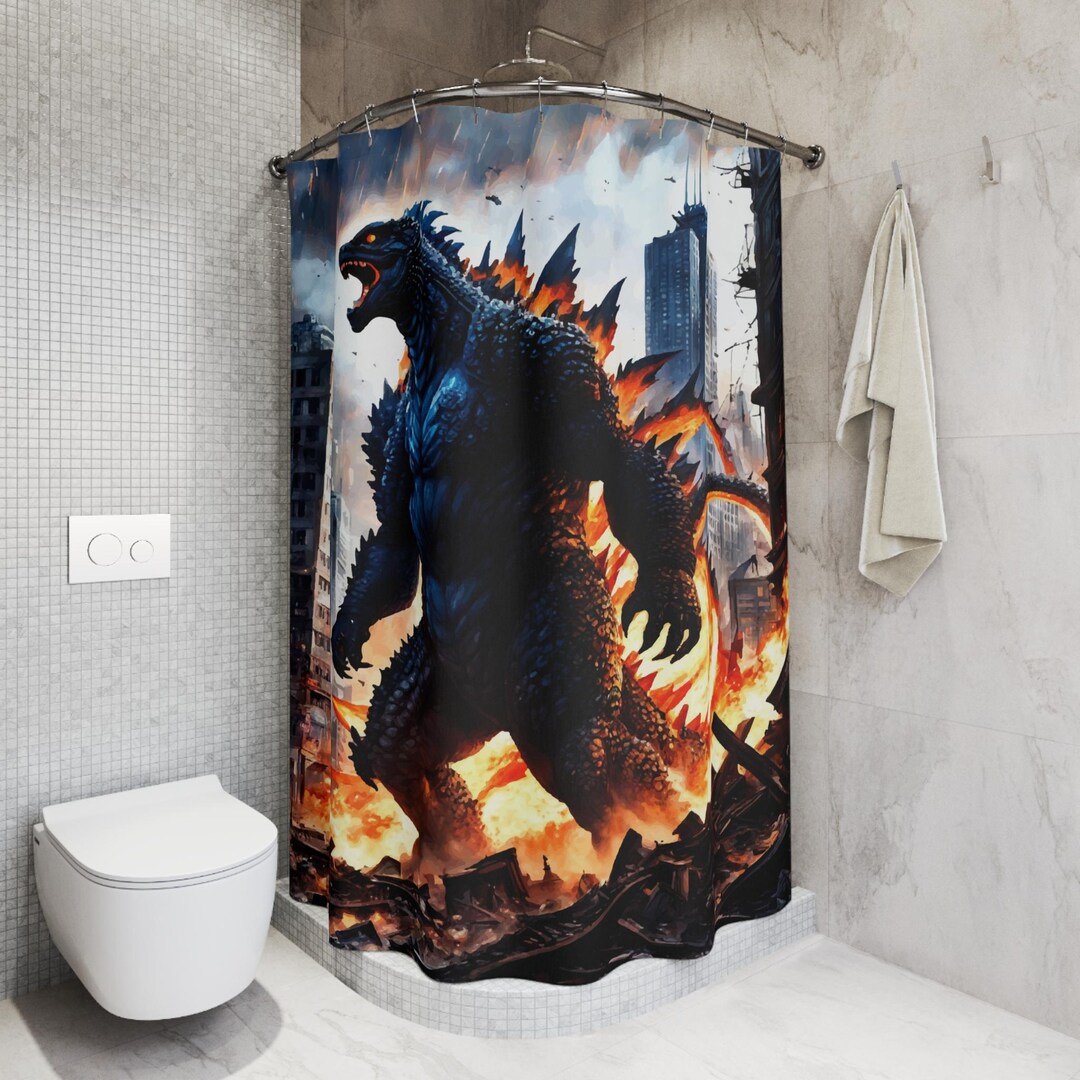 Godzilla Shower Curtains, Monster Movie Bathroom Decor, Giant Lizard Bath Curtain, Monster Lover ...