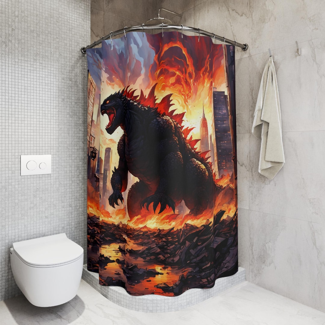Godzilla Shower Curtain, Monster Movie Bathroom Decor, Unique Kaiju Home Goods, Giant Lizard ...