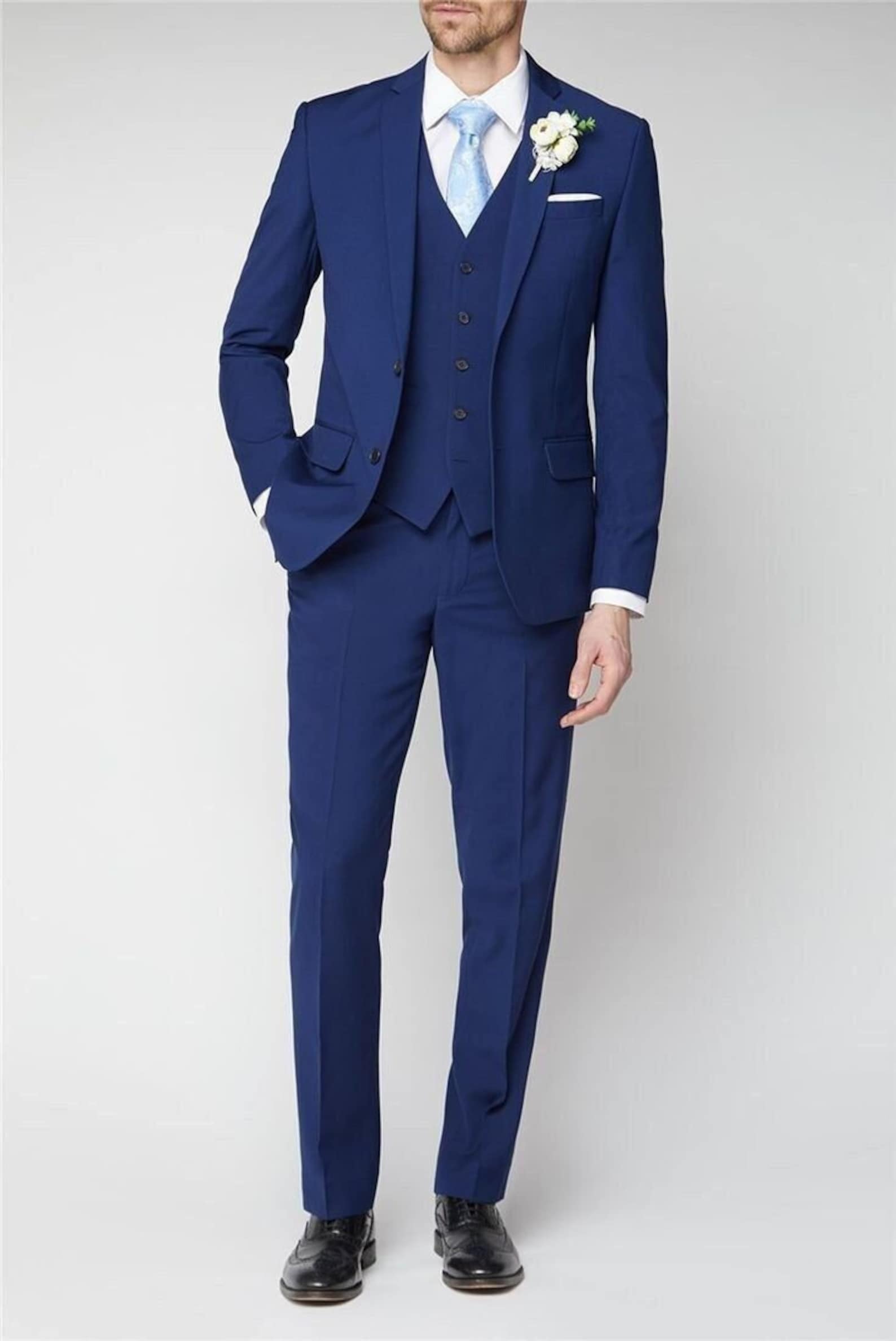 Blue Men Suits 3 Piece Formal Fashion Slim Fit Suit, Wedding Two Button ...
