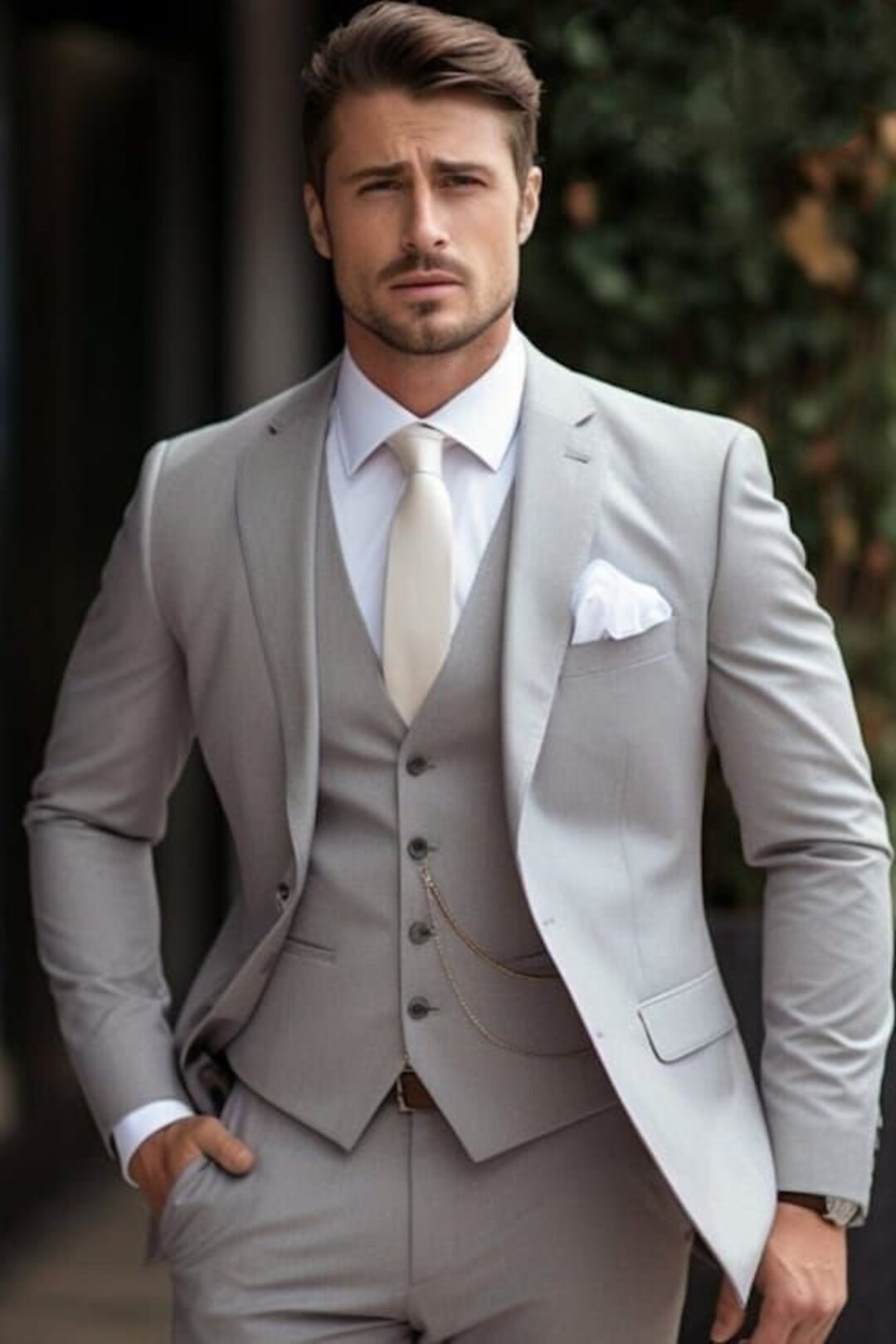 Elegant Light Grey Three Piece Suit for Men, Classic Wedding Attire-tailored Fit Suit for Men ...
