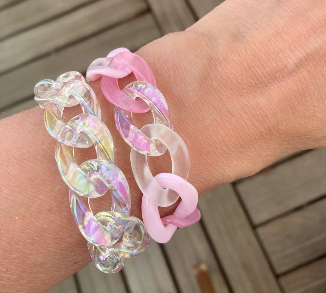 Bracelet gros maillons acétate transparent irisé /cadeau femme /rose ...