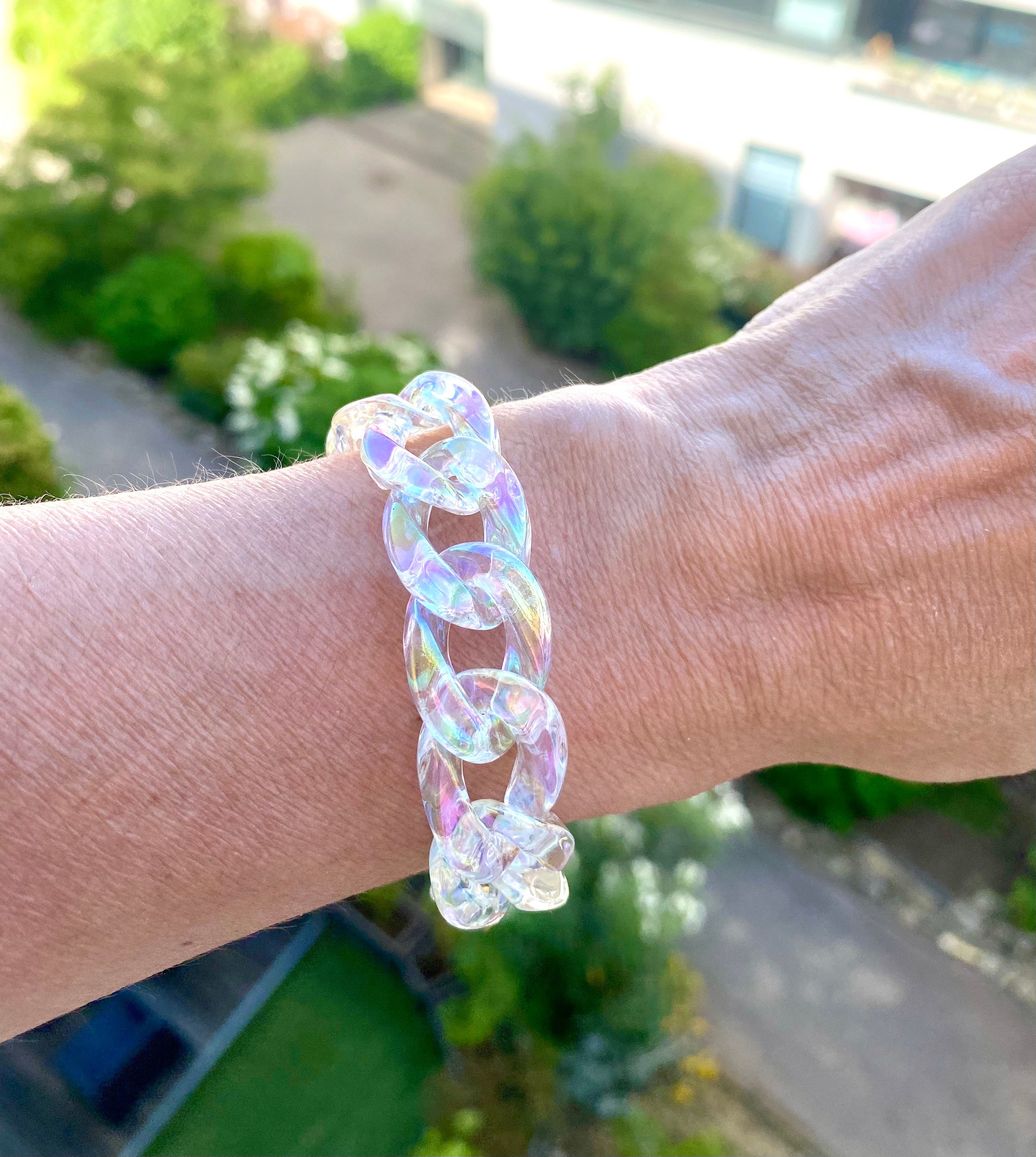 Bracelet gros maillons acétate transparent irisé /cadeau femme /rose ...