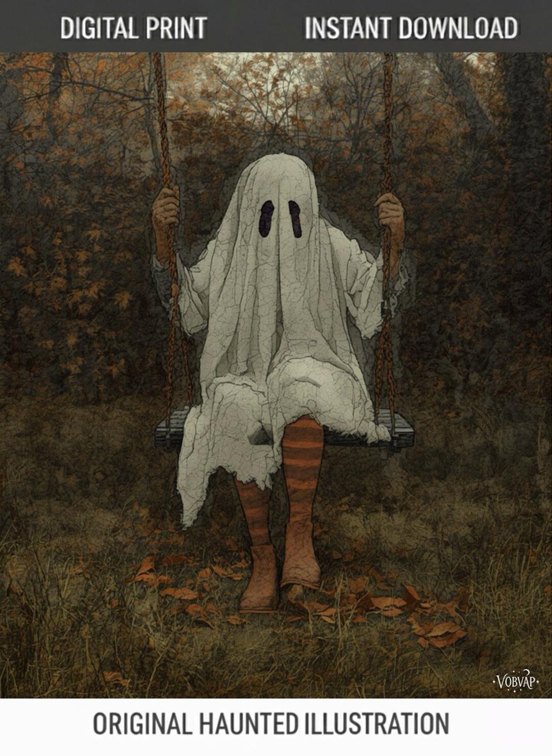 Spooky Ghost Art Print: Halloween Swing, Dark Cottagecore (digital ...