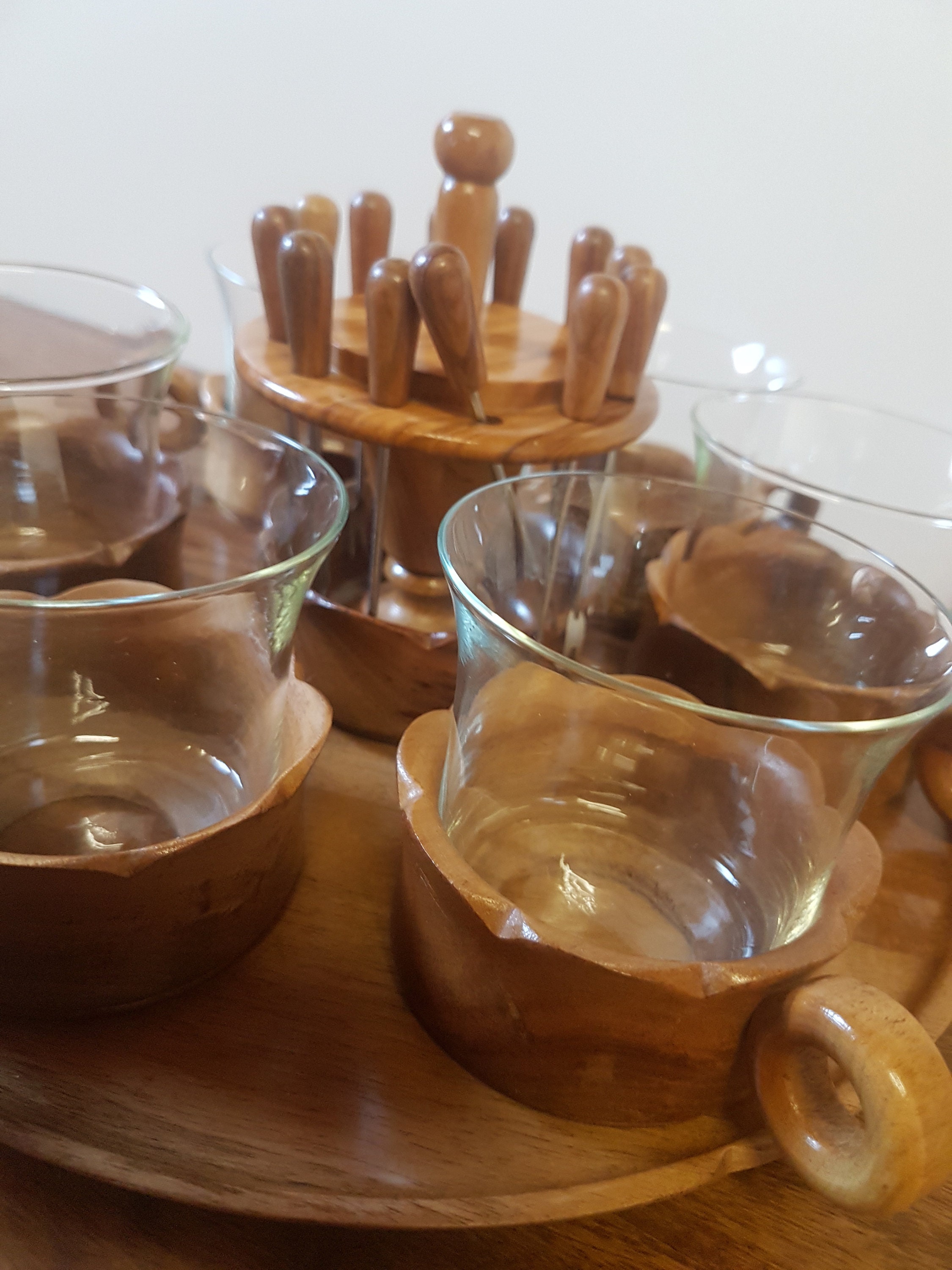 Vintage Teak Tea Set With Wooden Tray, Six Cups and Aperitif Sticks, C ...